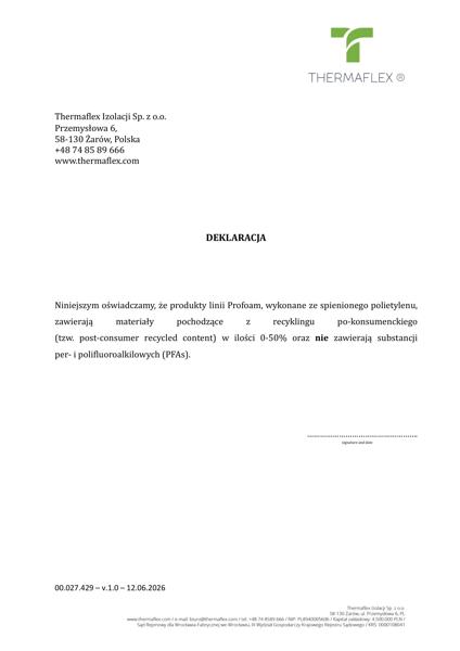 Declaration – Profoam Recycled Content and PFAs Free (PL) | Thermaflex