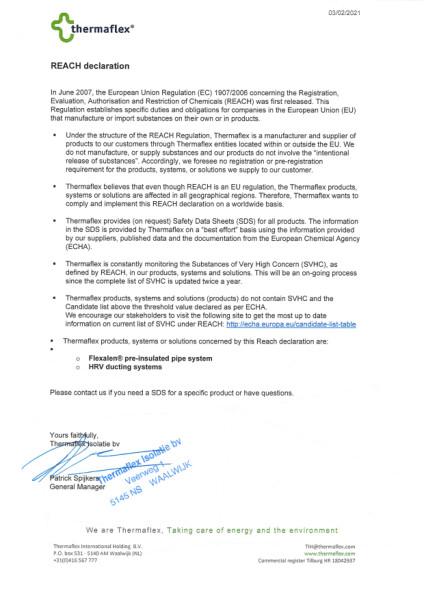 Declaración REACH - Sistemas Flexalen y HRV (EN) | Thermaflex