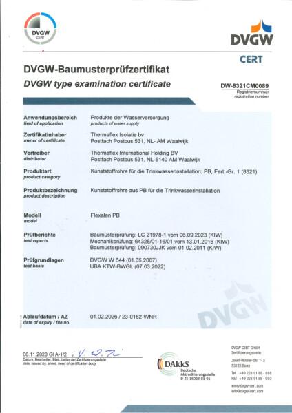 DVGW type examination certificate – Flexalen PB (DE) | Thermaflex